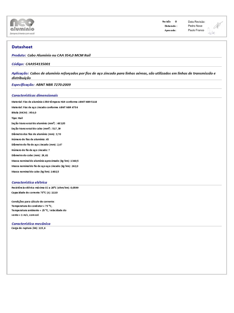 FICHA TÉCNICA - Cabo Alumínio nu CAA 954,0 MCM Rail | PDF