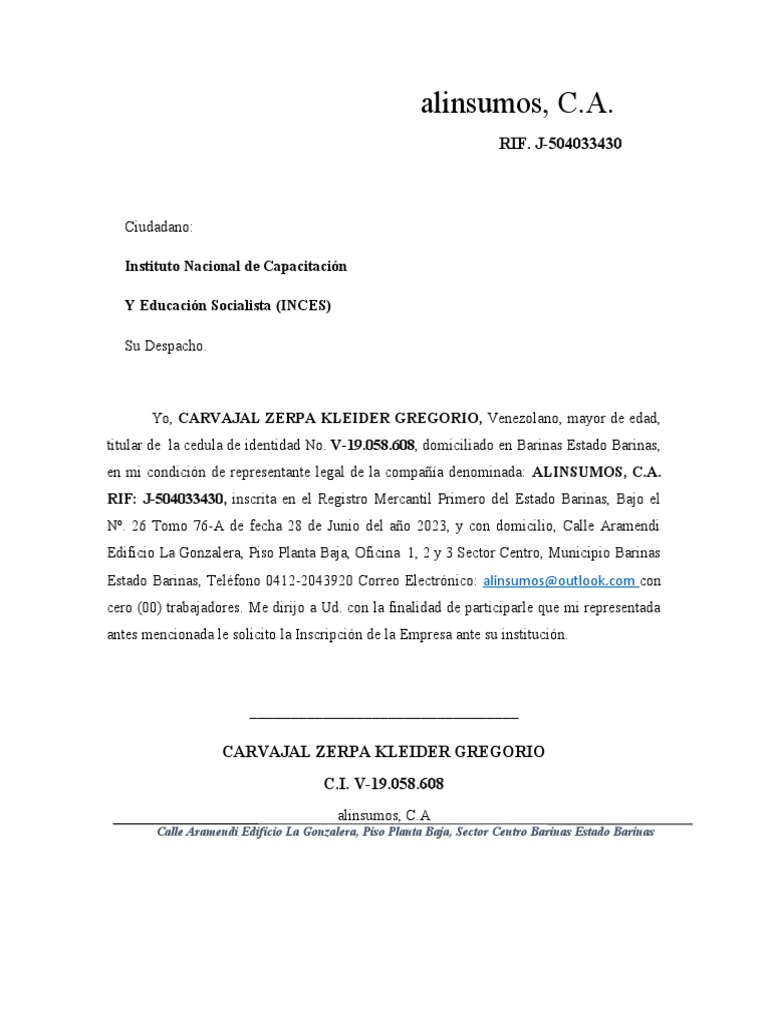 Carta inces alinsumos CA | PDF