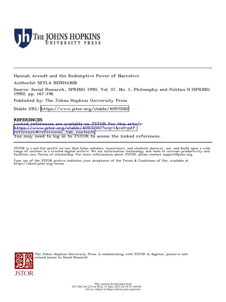 Benhabib - Hannah Arendt and The Redemptive Power of Narrative | PDF ...