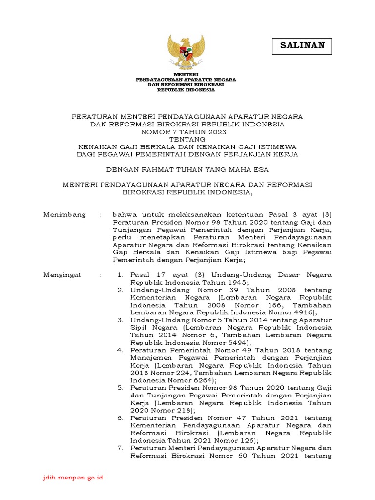 1690191573359-Salinan Peraturan Menteri PANRB Nomor 7 Tahun 2023 TTG KGI Dan KGB PPPK | PDF ...