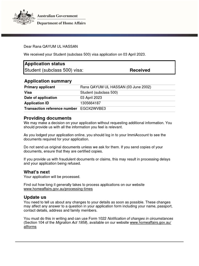 Student Visa Application Acknowledgment | PDF
