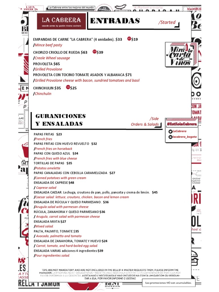 Carta La Cabrera 08042023 | Descargar gratis PDF | ensalada | Tocino