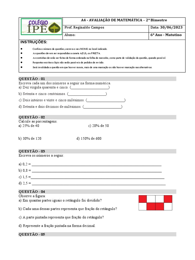 A4 - 6o ANO - AVALIAÇÃO DE MATEMATICA - 2oBIM | PDF | Decimal | Matemática
