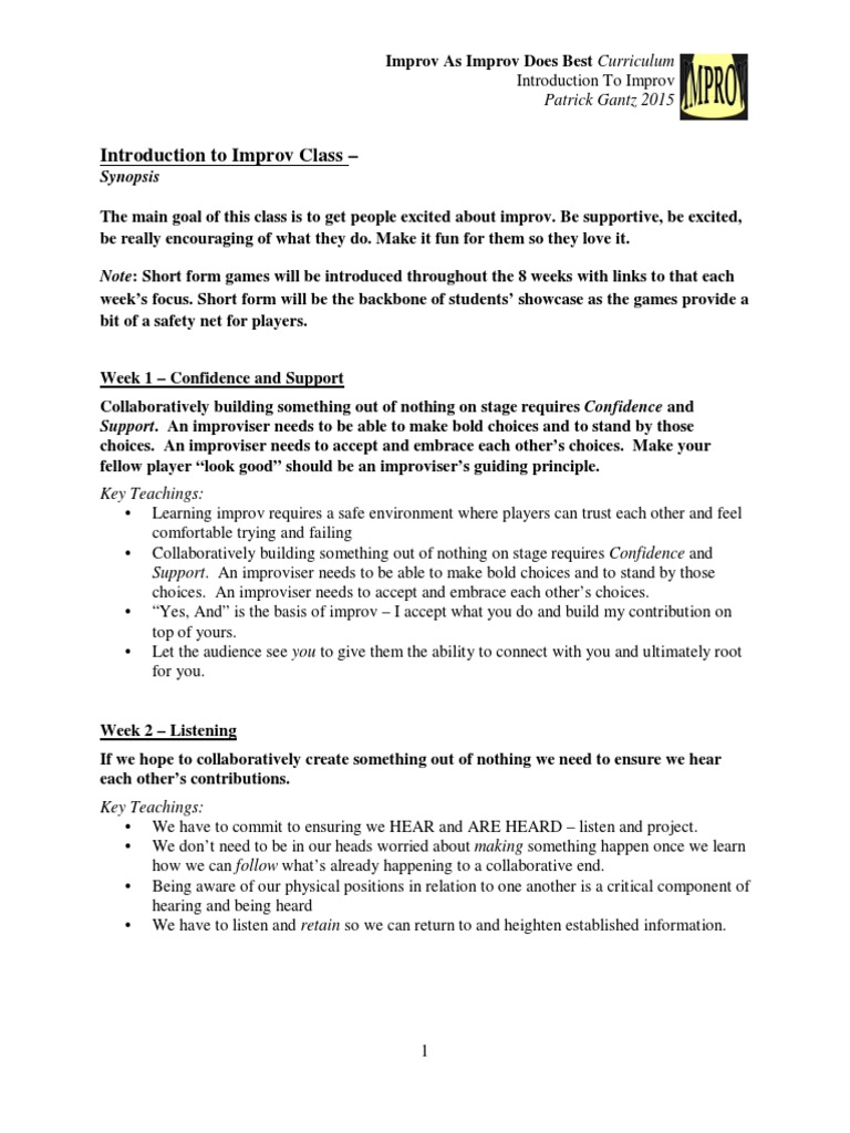 Intro Improv Teaching Curriculo | PDF | Improvisational Theatre | Emotions