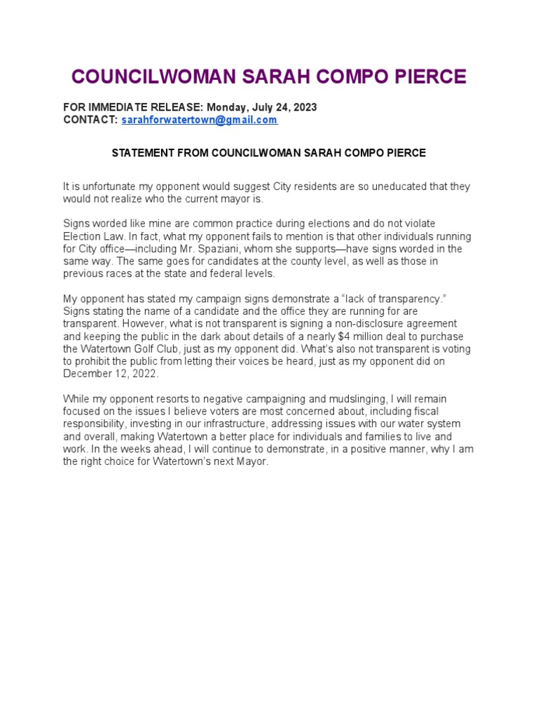 7-24-23 Statement From Sarah Compo Pierce | PDF