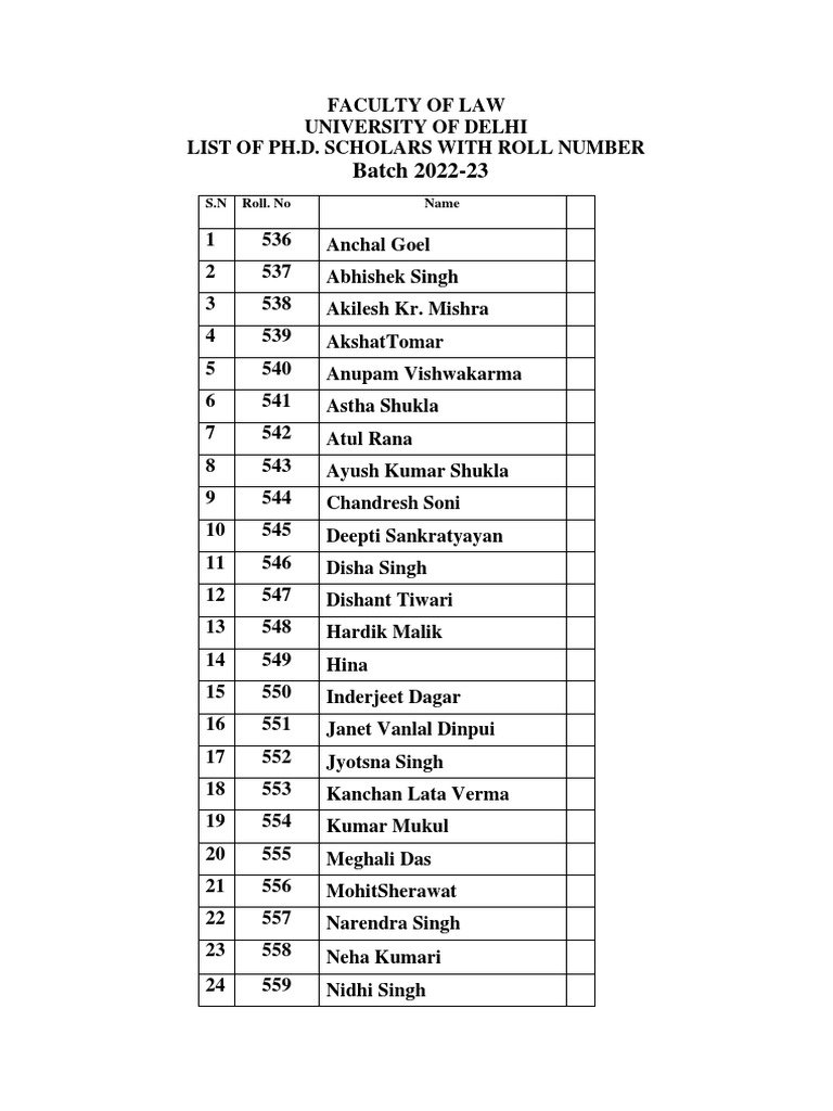 Ph.D. Scholars List 2022-23, DU Law | PDF