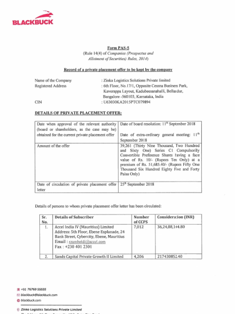 Complete Record of Private Placement Offers and Acceptances in Form PAS-5.-05102018 | PDF
