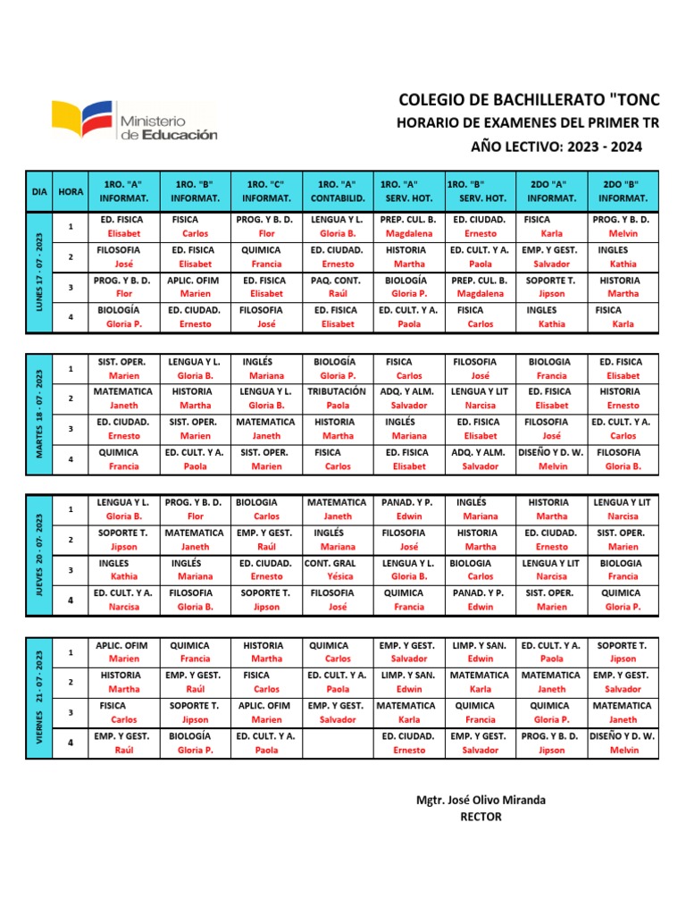 Horario de Examenes Trimestrales 2023 | PDF