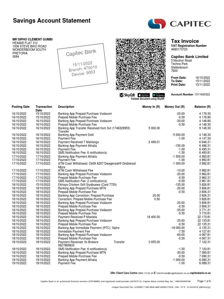 Savings Account Statement: Capitec B Ank | PDF | Debit Card | Payments