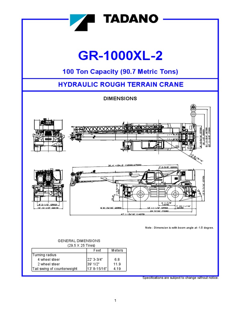 Tadano GR-1000XL-2 Crane Specifications | PDF | Axle | Crane (Machine)