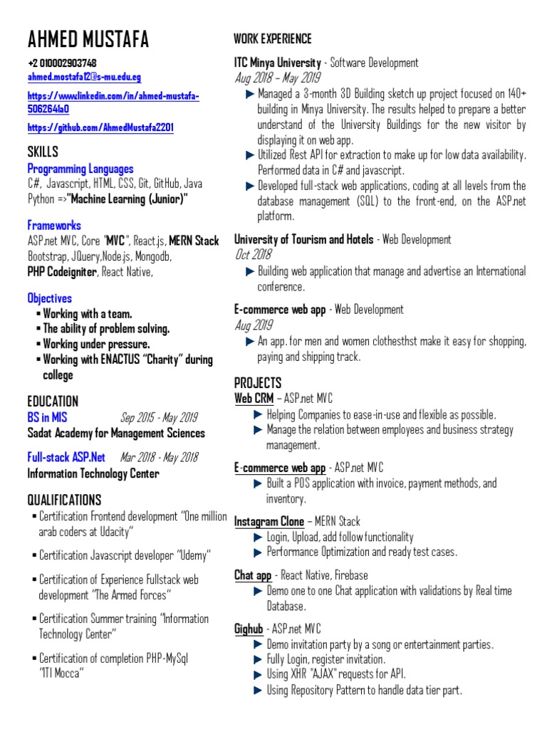 Ahmed Mustafa Resume | PDF | Web Application | Java Script