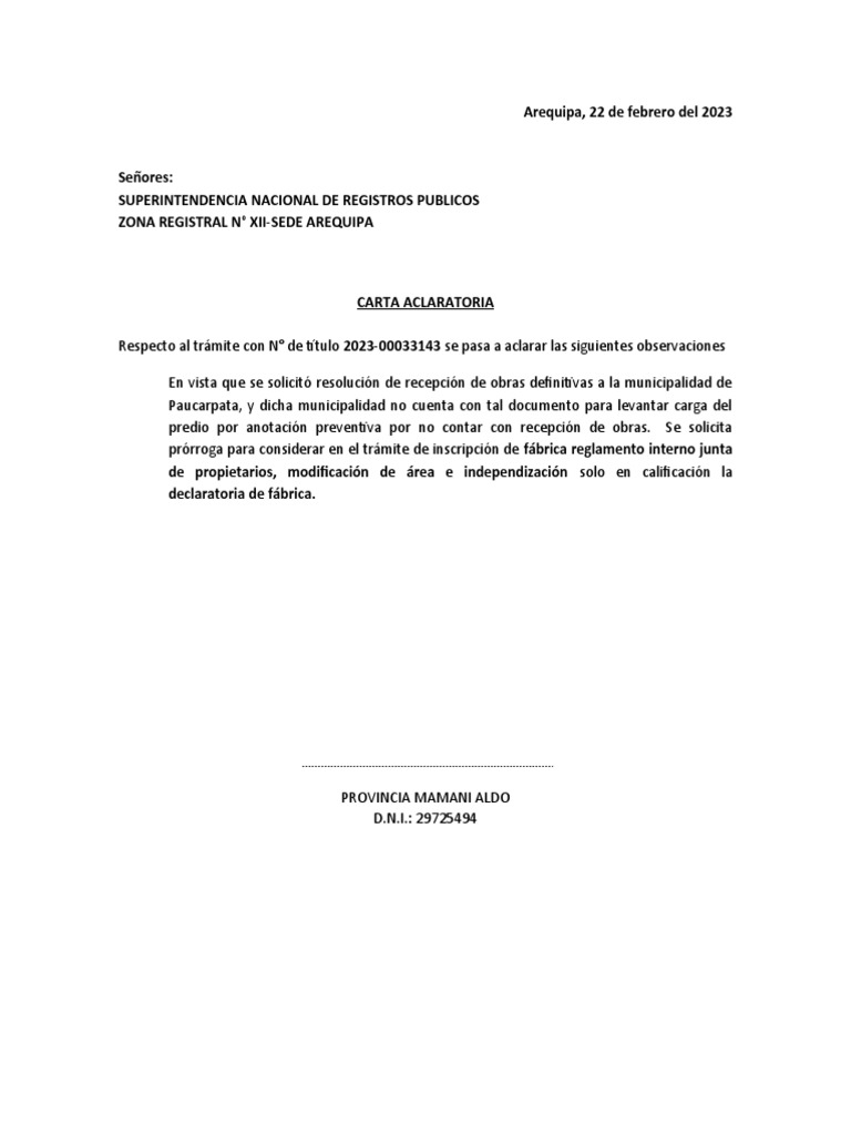 Carta Aclaratoria - OBS 1 | PDF