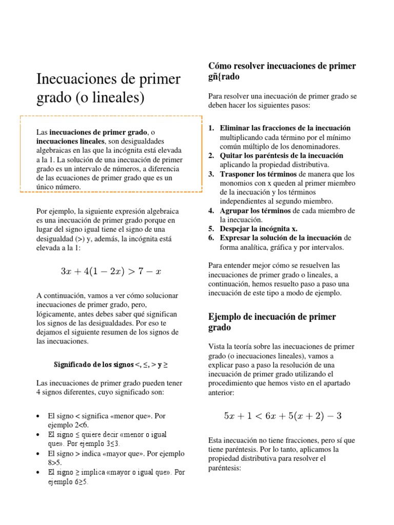 Inecuaciones de Primer Grado (O Lineales) | Descargar gratis PDF | Ecuaciones | Linealidad