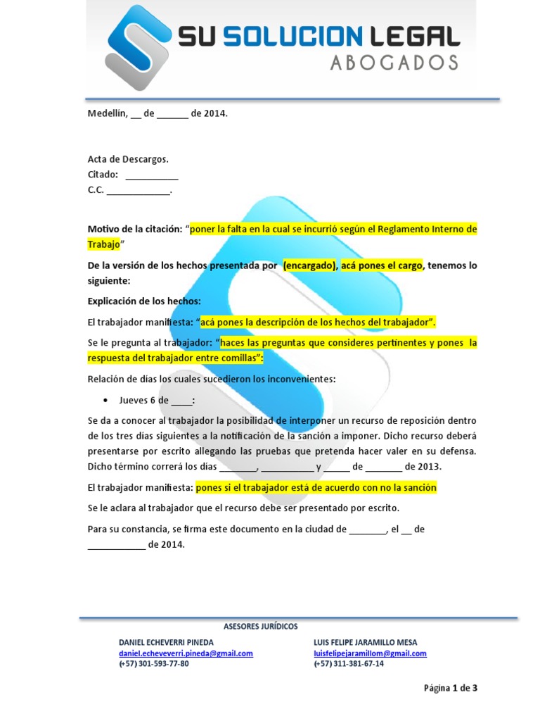 2014-07-23 Modelo Acta de Descargos Su Solucion Legal | PDF | Justicia ...