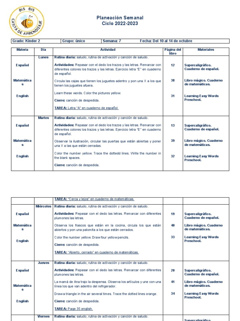 Planeación Semanal Kínder 2 - Semana 7 | PDF | Artes del Lenguaje y ...
