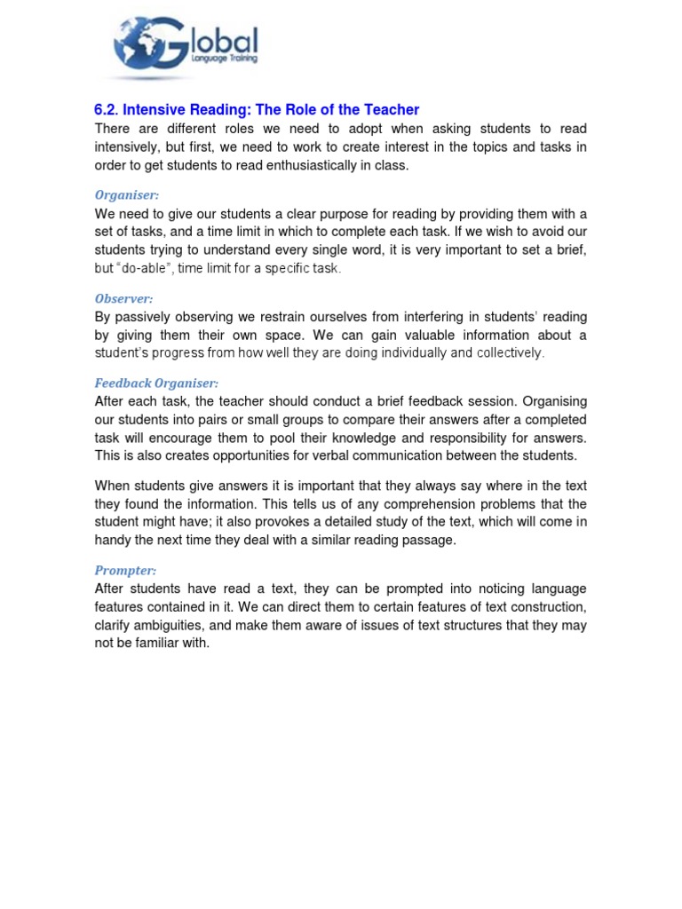 Teacher Roles in Intensive Reading | PDF
