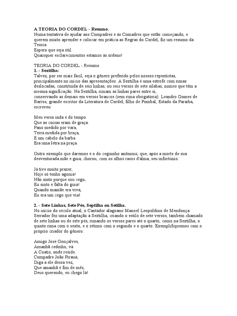 Teoria e Exemplos do Cordel | PDF | Métrica (poesia) | Sílaba