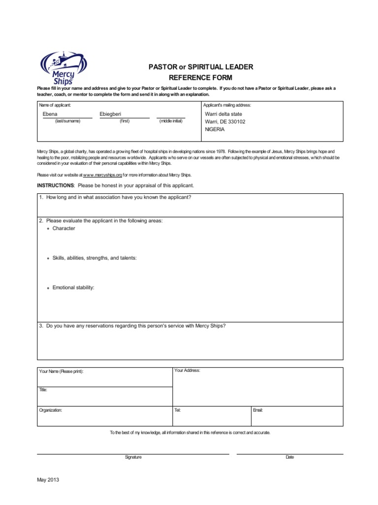 Pastor Reference Form | PDF