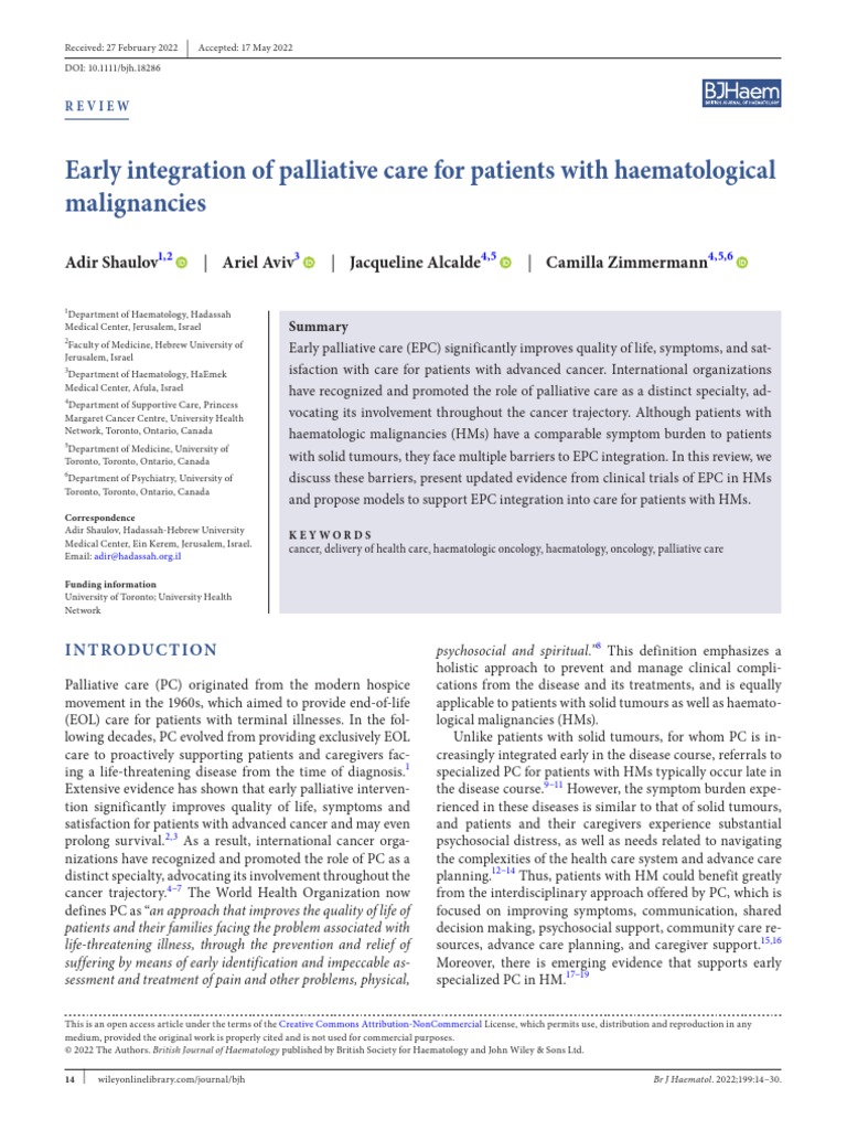 BR J Haematol - 2022 - Shaulov - Early Integration of Palliative Care ...