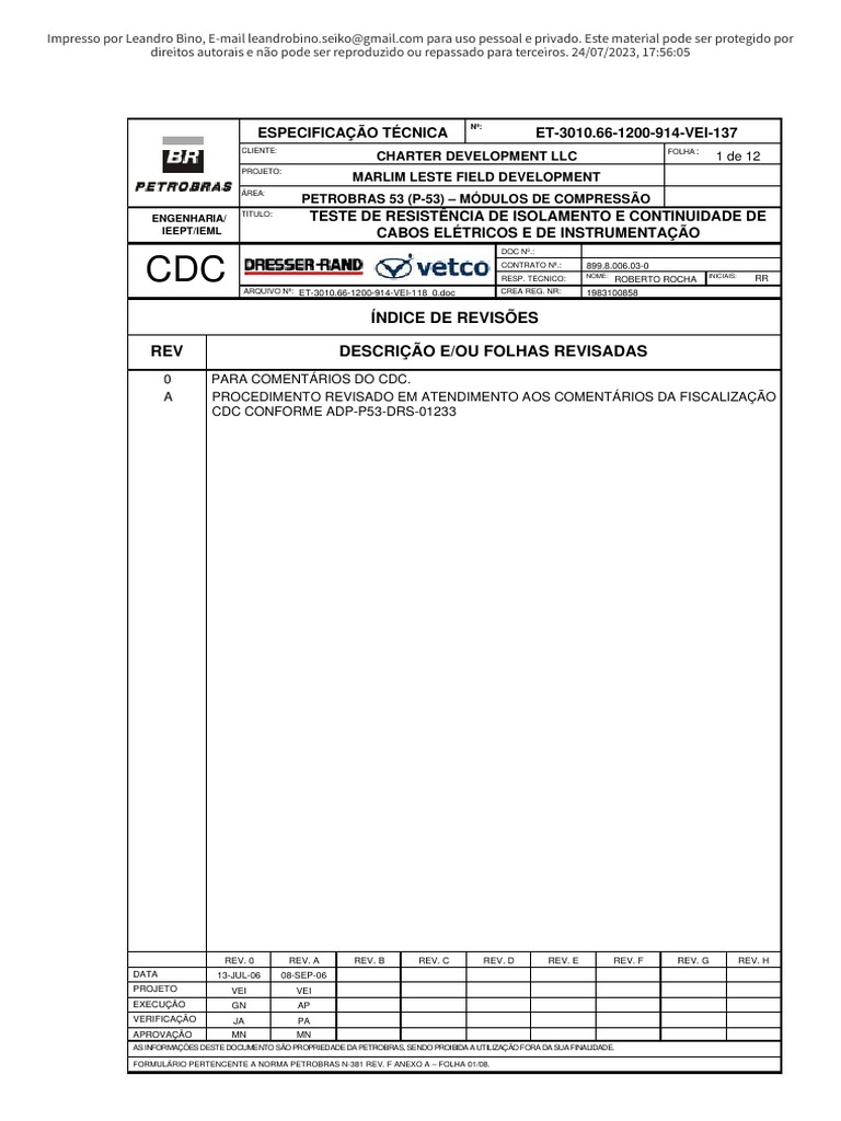 Teste de Res de Isol e Cont de Cabos Elétricos e de Instrumentação ...