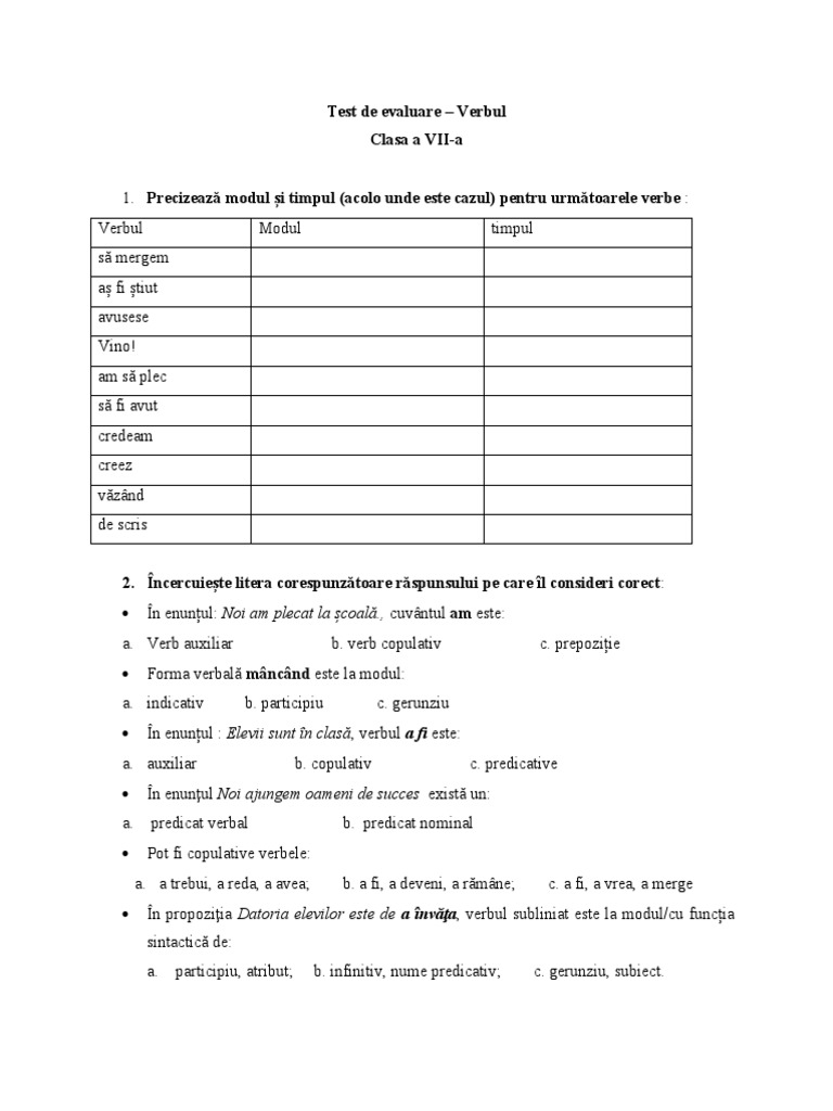 Test de Evaluare - Verbul - Clasa 7 | PDF