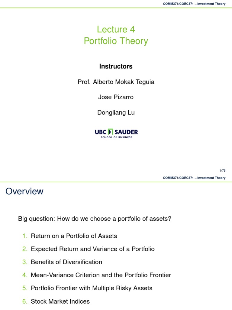 COMM371 - Lecture 4 - Portfolio Theory | PDF | Modern Portfolio Theory | Diversification (Finance)