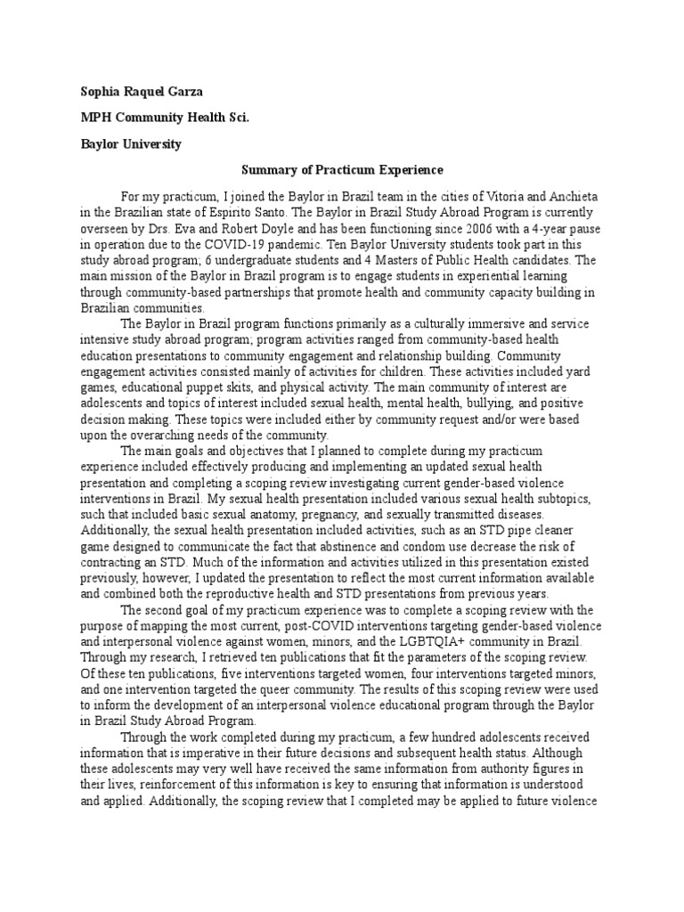 Summary of Practicum Experience Sophiagarza | PDF | Violence