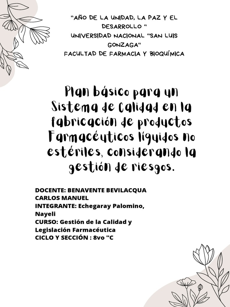 Plan Básico para Un Sistema de Calidad en La Fabricación de Productos Farmacéuticos Líquidos No ...