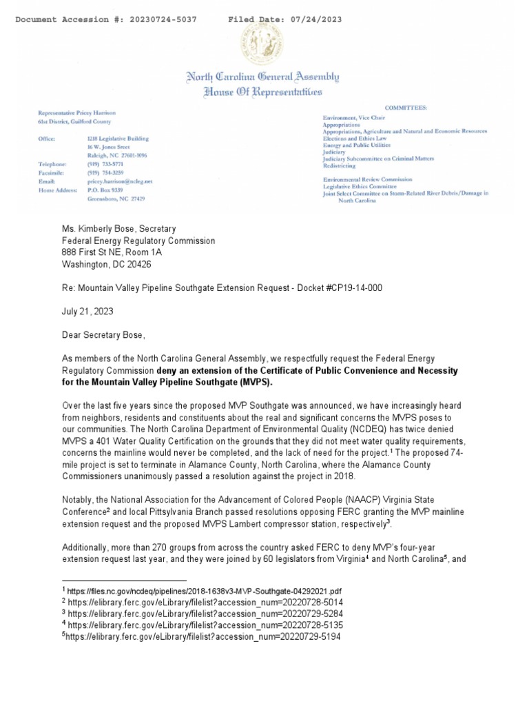 NC Legislators Letter To FERC Re MVP Southgate | PDF