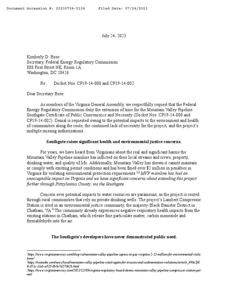 Va. Legislators Letter To FERC Re MVP Southgate | PDF