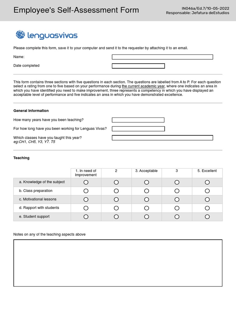 Teachers Self Assessment Form and Competency Descriptions | PDF ...
