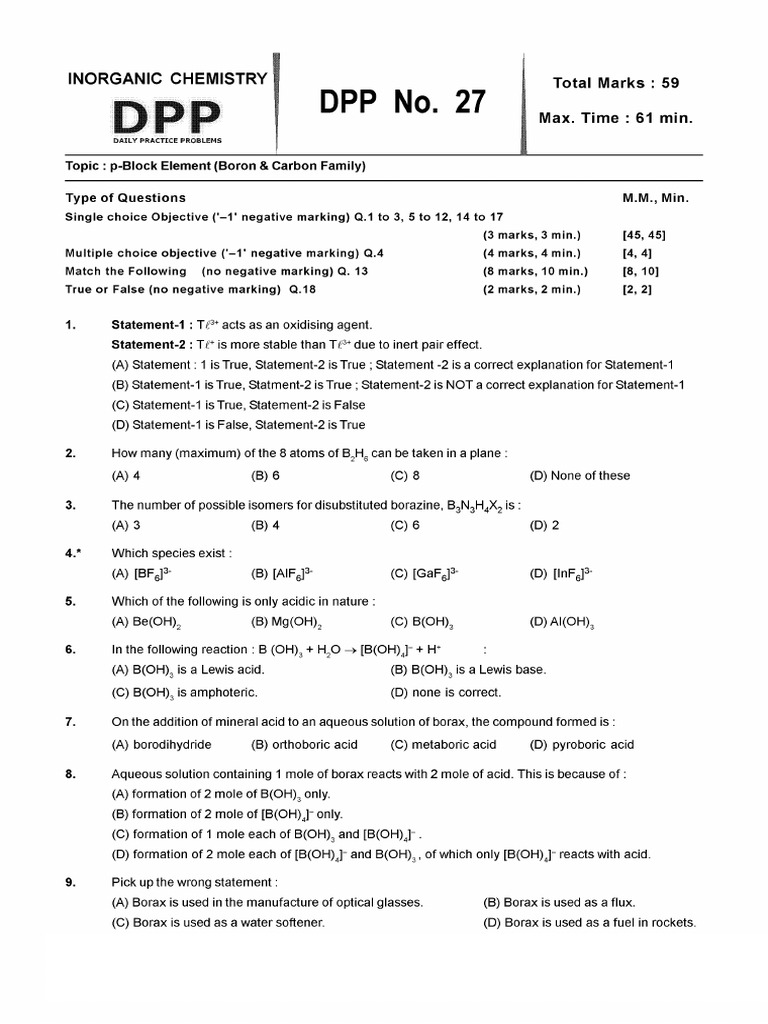 DPP No - 27 - P Block Elements (Boron & Carbon Family) | PDF