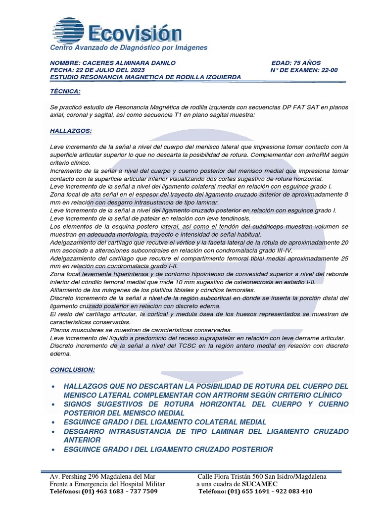 Caceres Alminara Danilo-Rodilla Izquierda | PDF | Rodilla | Sistema ...