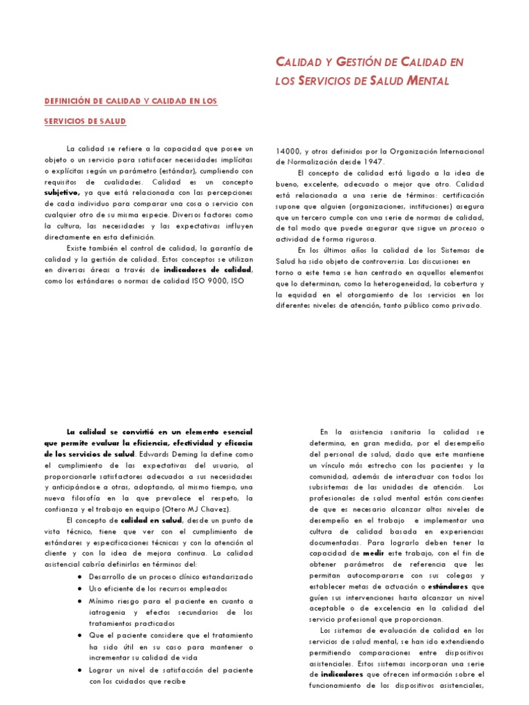 Calidad y Gestión de Calidad en Los Servicios de Salud Mental | PDF | Calidad (comercial ...
