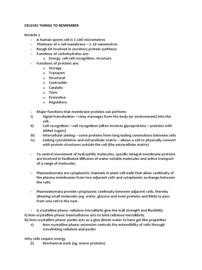 Cels191 Things To Remember | PDF | Cell (Biology) | Virus