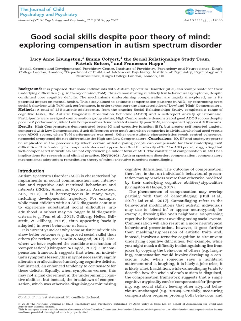 Good Social Skills Despite Poor Theory of Mind Exp | PDF | Autism ...