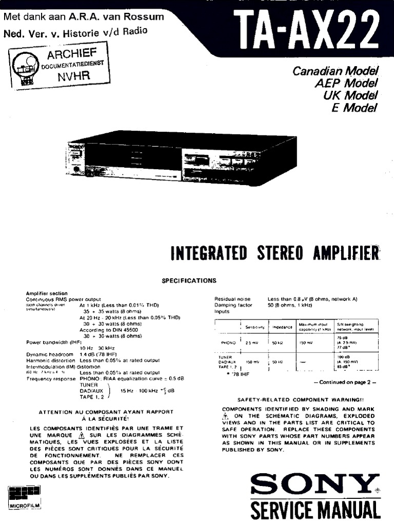 Sony Ta-Ax22 2x30w Integrated Stereo Pa 1982 SM | PDF