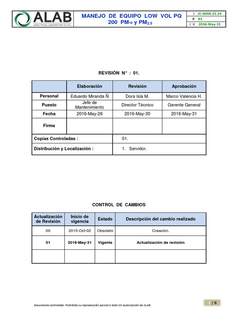 IC-MAN-25.14.R01 - MANEJO DE EQUIPO LOW VOL PQ 200 PM10 y PM2.5 | PDF ...