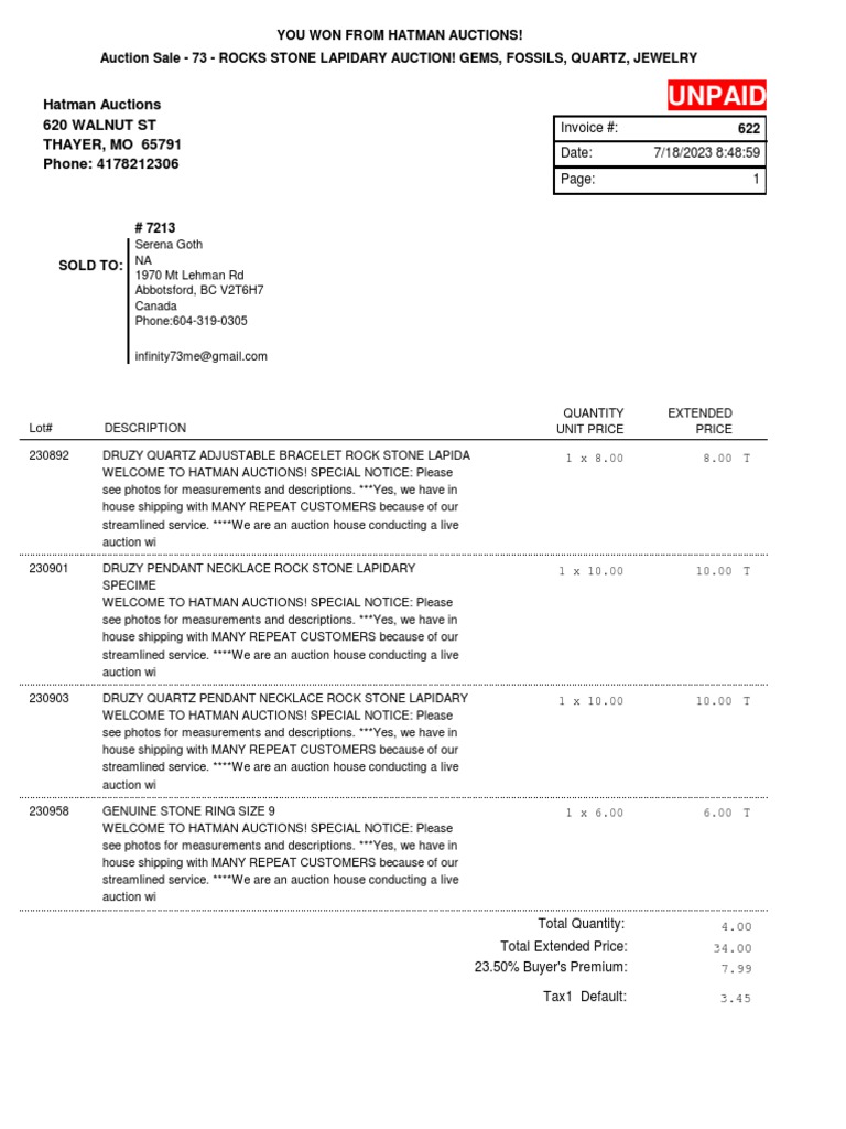 Invoice - 622 #1 | PDF | Auction | Pricing
