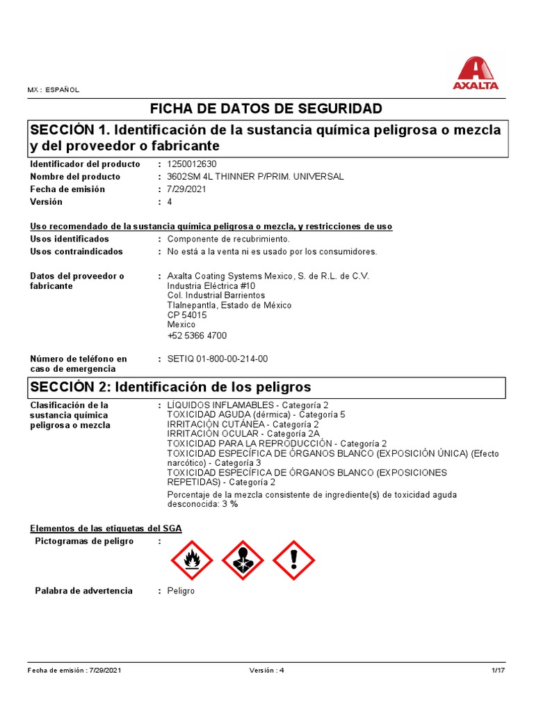 Hoja de Seguridad 3602SM Thinner para Primario Universal 40S | PDF ...