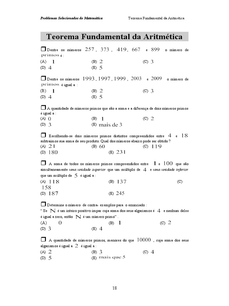 Teorema Fundamental Da Aritmética | PDF | Número primo | Número inteiro
