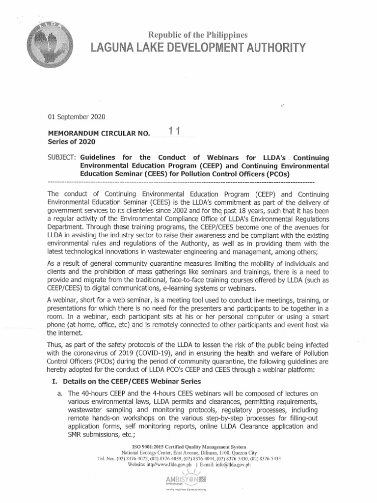 LLDA - MC 2020 11 Guidelines For Conduct of LLDA PCO Training | PDF