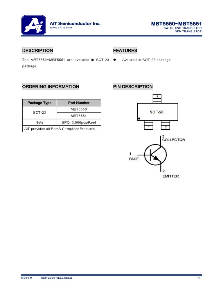 Datasheet MBT5550 | PDF | Transistor | Bipolar Junction Transistor