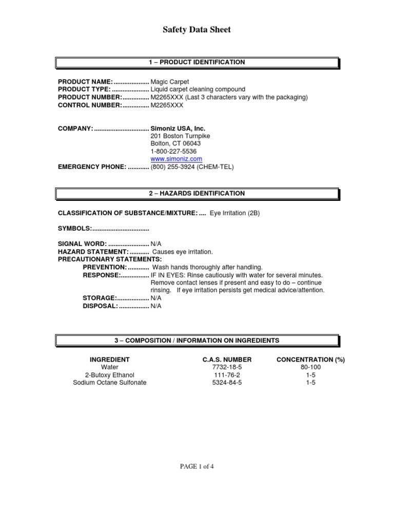 Sds Simonz Magic-Carpet | PDF | Chemistry | Occupational Safety And Health