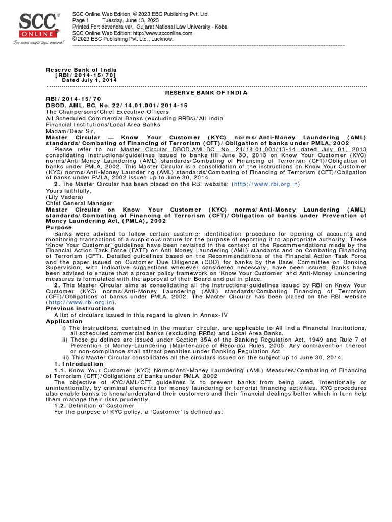 RBI Master Circular, 2014 | PDF | Money Laundering | Banks