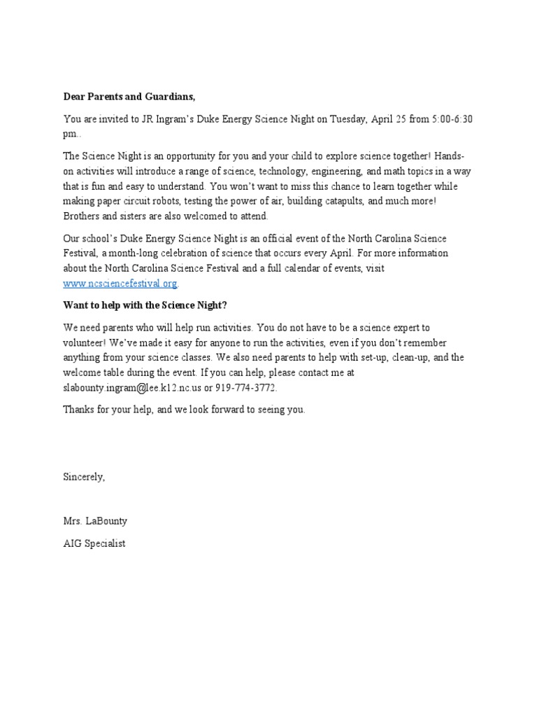 Parent Letter Duke Science Night | PDF | Salud y bienestar