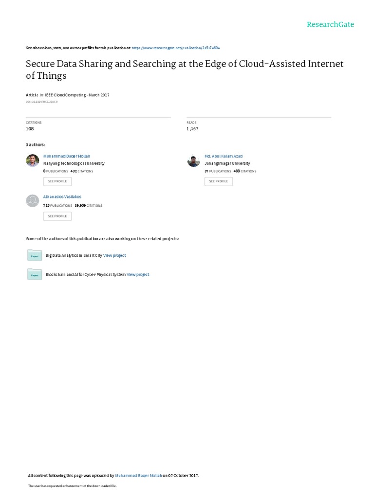 Secure Data Sharing and Searching at The Edge of Cloud-Assisted Internet of Things | PDF | Key ...