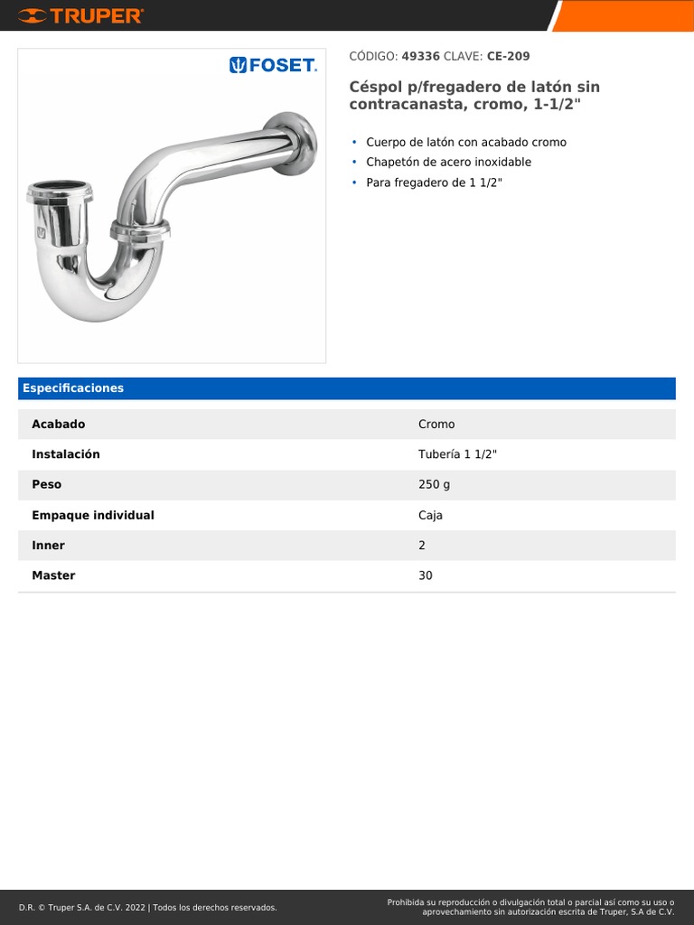Céspol P/fregadero de Latón Sin Contracanasta, Cromo, 1-1/2" | PDF