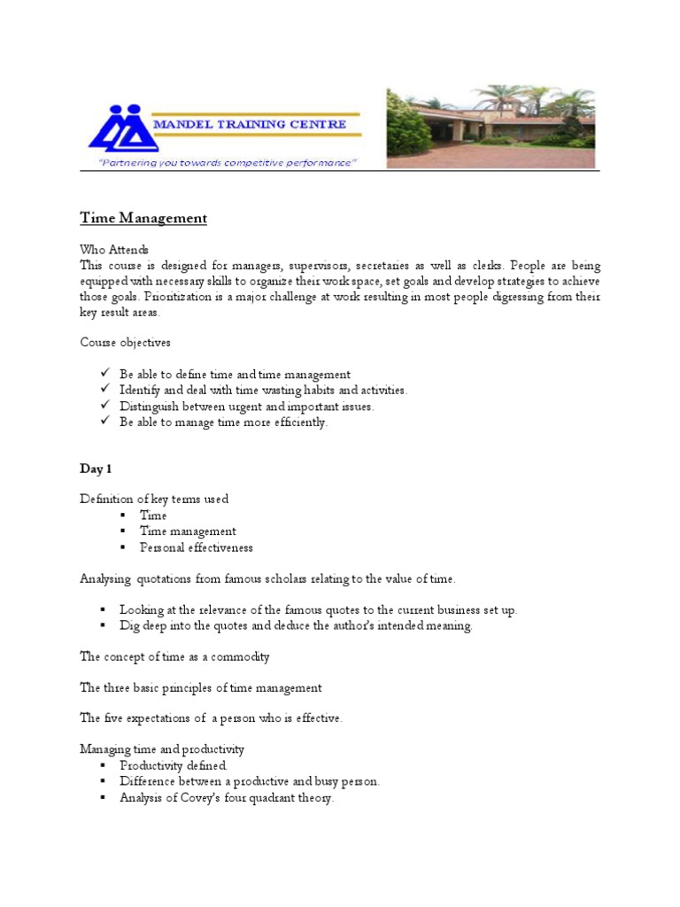 Time Management Course Outline | PDF | Time Management | Professional ...
