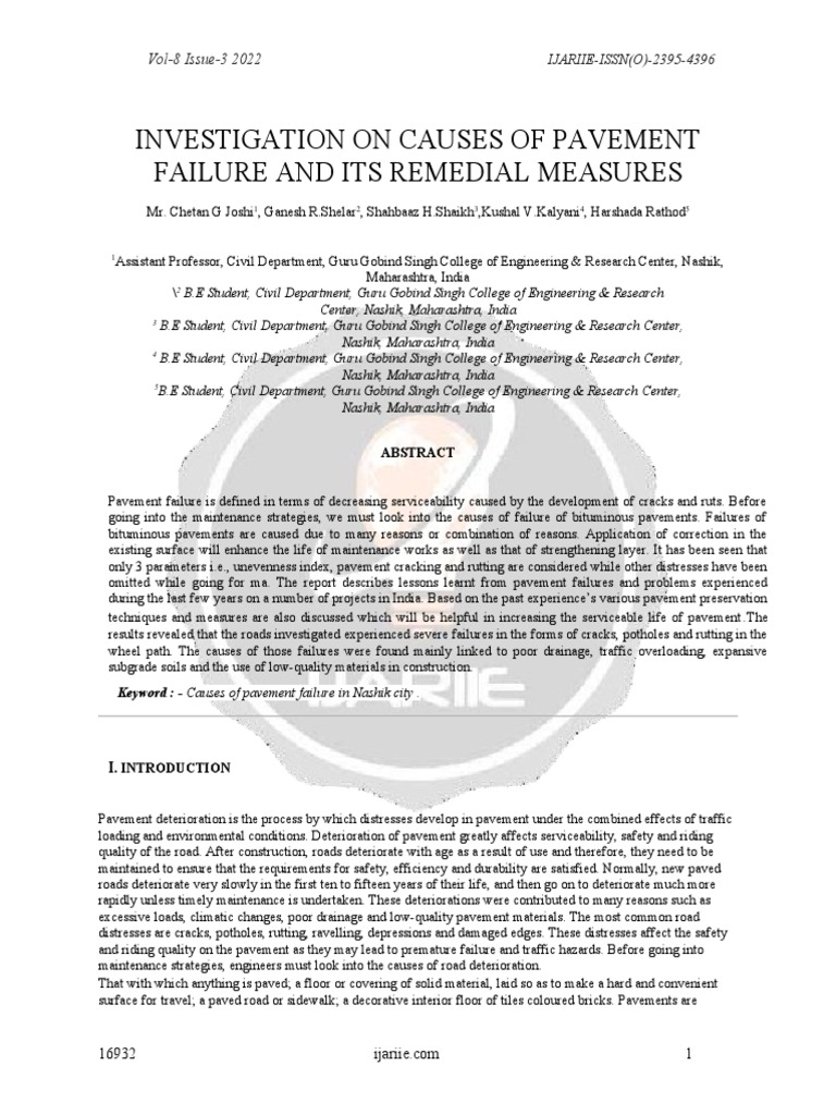 Investigation On Causes of Pavement Failure and Its Remedial Measures Ijariie16932 | PDF | Road ...